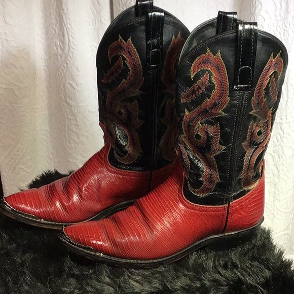 Shoes | Vintage Black And Red Leather Cowboy Boots | Poshmark